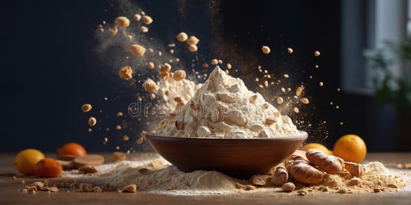 Dynamic Baking Scene with Flour and Ingredients in Motion. Stock ...