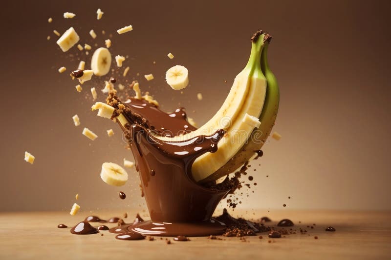 Dynamic Banana Soaring through Chocolate Drizzle Stock Photo - Image of ...