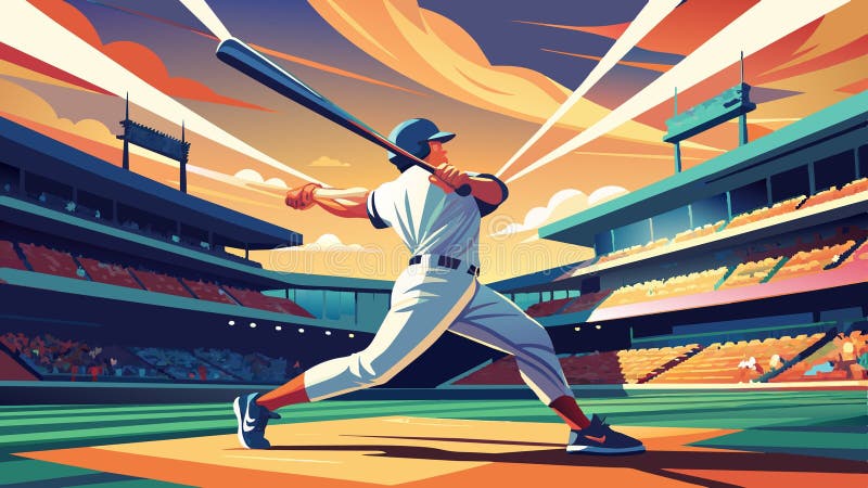 Dynamic Baseball Player Swinging Bat at Sunset in Stadium Stock Image ...