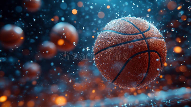 Dynamic Basketball on Court Surrounded by Water Droplets Stock ...