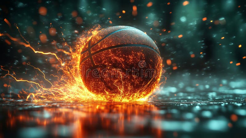 Dynamic Basketball Igniting in Fiery Energy Explosion Scene Stock ...