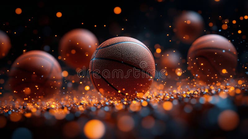Dynamic Basketball Scene with Floating Balls and Orange Lighting ...
