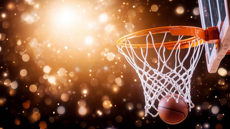 Dynamic Basketball Scene with Hoop and Bokeh Lights Stock Illustration ...