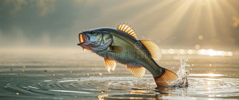 Dynamic Bass Leaping from Water in Sunlit Lake Scene. Stock Image ...