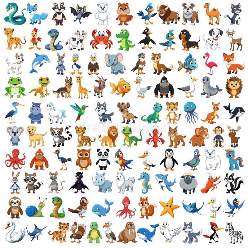 111 Dynamic and Beautiful Animal Cartoon Bundle Stock Illustration ...