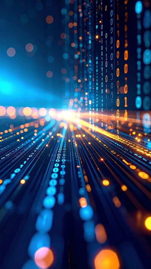 Dynamic Binary Code Stream with Vibrant Blue Orange Lights and Abstract Digital Information Flow ...
