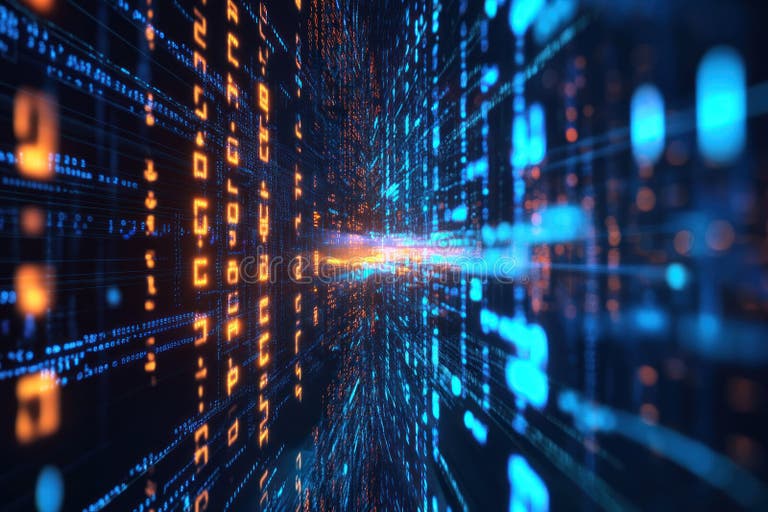 Dynamic Binary Code Visualization with Bright Orange and Blue Streams in Motion, Representing ...