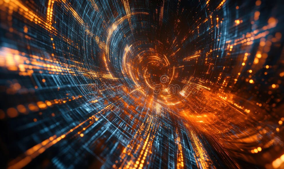 Dynamic Binary Code Visualization with Bright Orange and Blue Streams in Motion, Representing ...