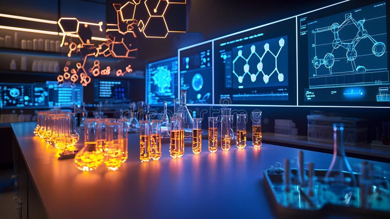 Dynamic Biochemistry Lab with Glowing Test Tubes Stock Illustration ...