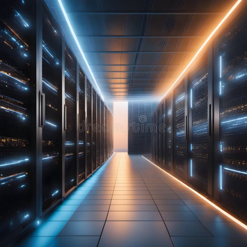 A Dynamic, Bird S-eye View of an Expansive AI Server Rack, Bathed in a ...