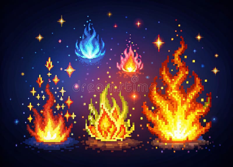 Dynamic 8Bit Fire and Flame Pixel Art for Game and App Design Sparkling ...