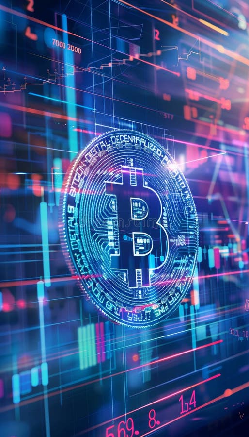 Dynamic Bitcoin Logo Surrounded by Stock Market Charts on a Dark Blue ...