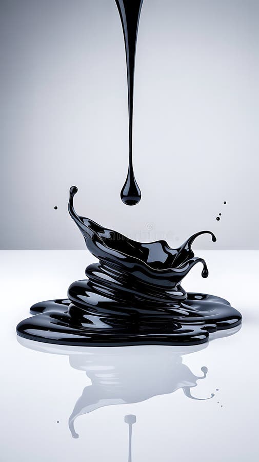 Dynamic Black Liquid Drop Creating Crown Splash Pattern Against Clean ...