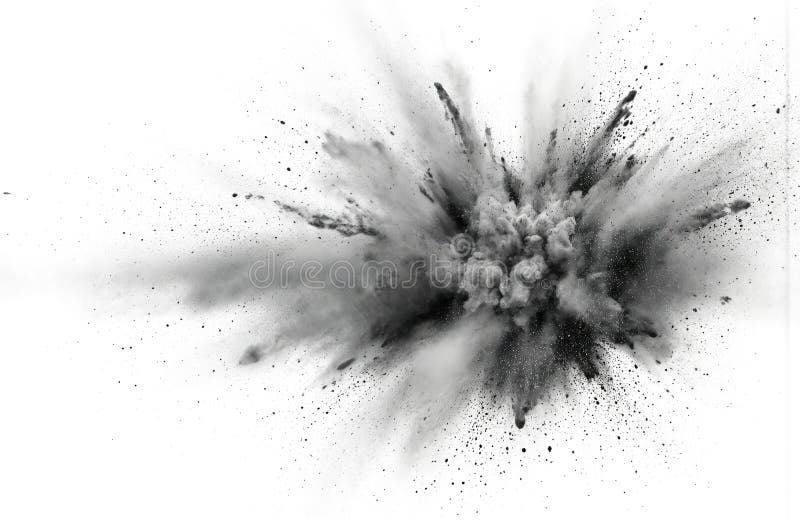 Dynamic Black Powder Explosion on White Background. Abstract Burst of ...