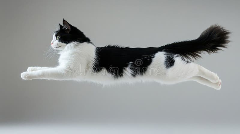Dynamic Black and White Cat Leaping through Air, Study in Playful ...