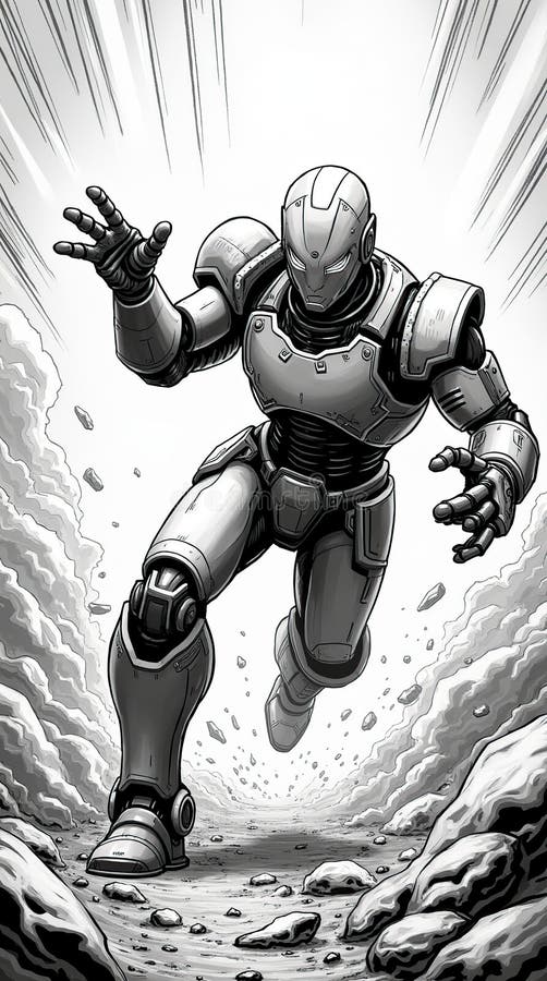Dynamic Black and White Comic Book Robot in Action Scene Stock ...