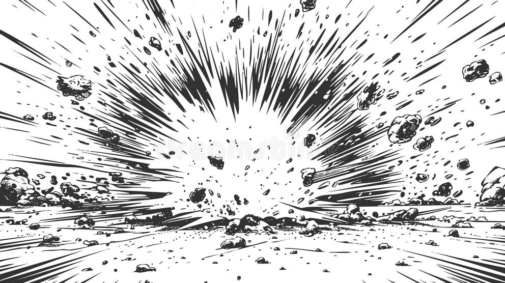 Dynamic Black-and-white Comic-style Explosion Illustration with Debris ...