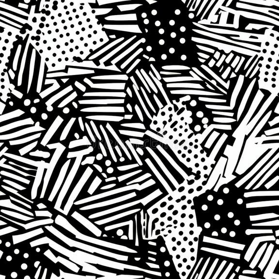 A Dynamic Black and White Doodle Pattern of Overlapping Dots, Dashes ...