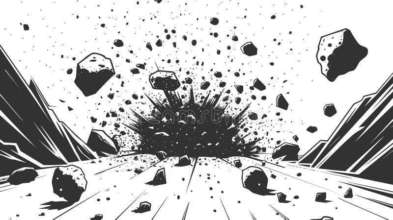 Dynamic Black and White Illustration of an Explosion with Debris Flying ...
