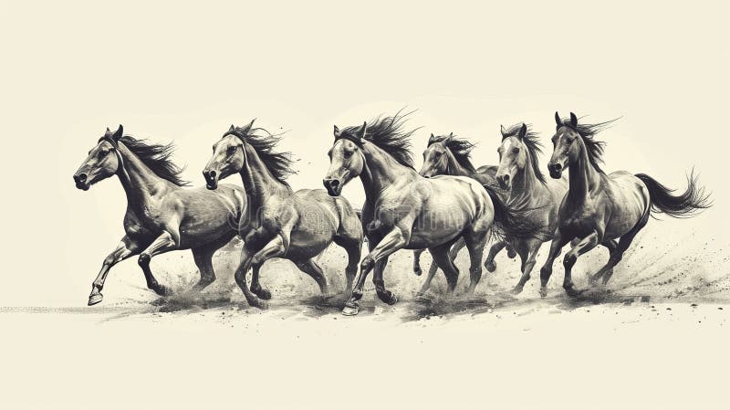 Dynamic Black and White Illustration of Galloping Horses Stock Image ...