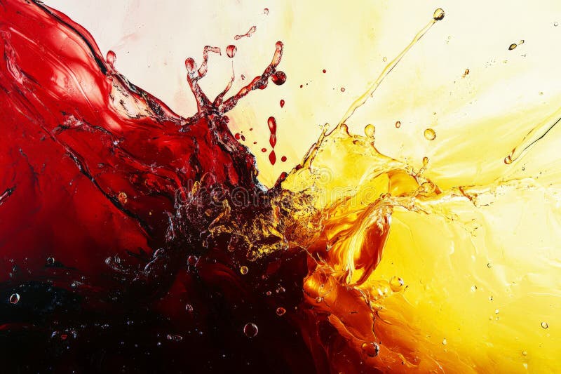 A Dynamic Blend of Red and Yellow Oil Liquid Splashing Against Each ...