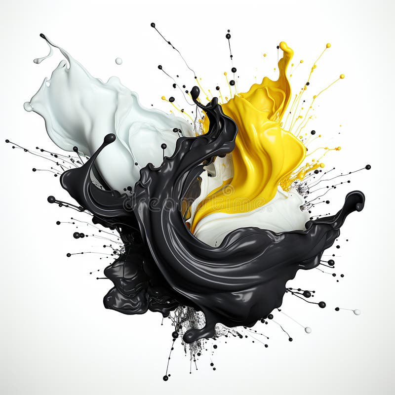 Dynamic Blending Yellow, Black and White Liquid Splash with Flying ...