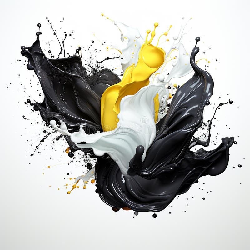 Dynamic Blending Yellow, Black and White Liquid Splash with Flying ...