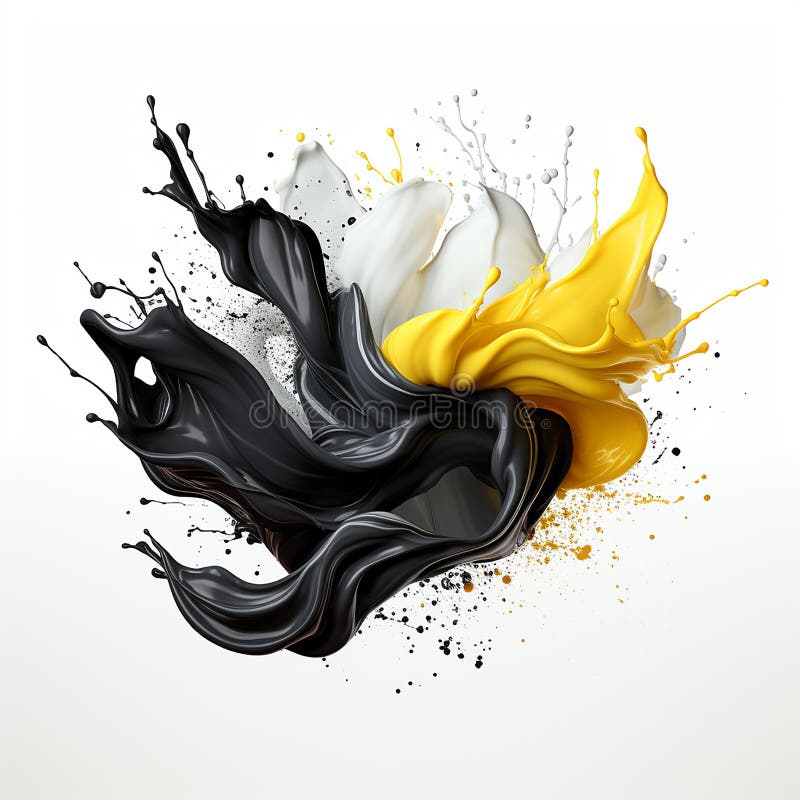 Dynamic Blending Yellow, Black and White Liquid Splash with Flying ...