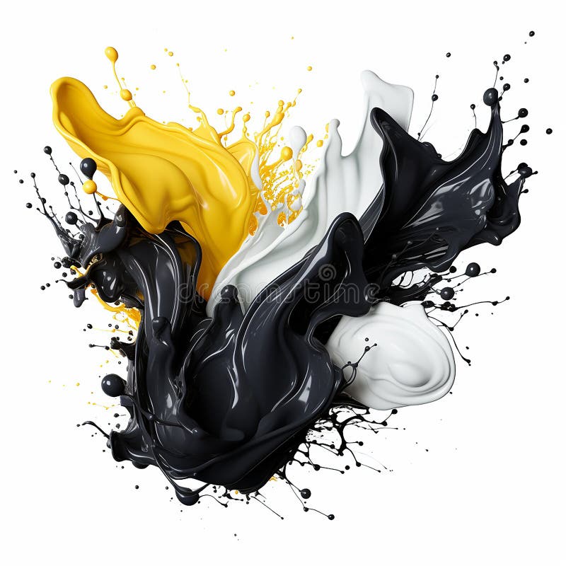 Dynamic Blending Yellow, Black and White Liquid Splash with Flying ...
