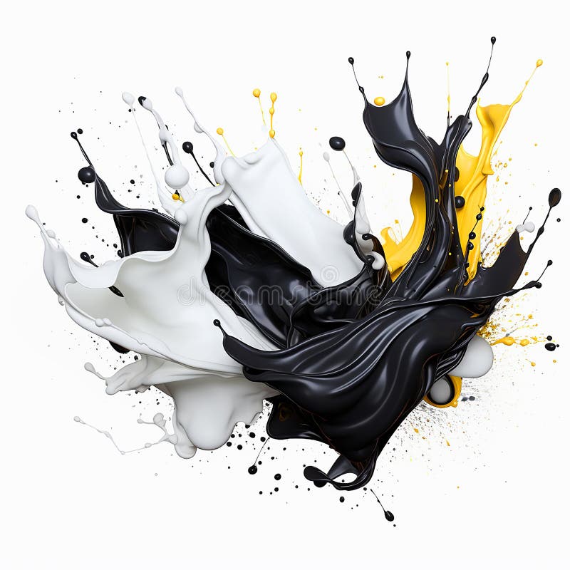 Dynamic Blending Yellow, Black and White Liquid Splash with Flying ...
