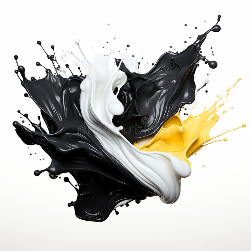 Dynamic Blending Yellow, Black and White Liquid Splash with Flying ...