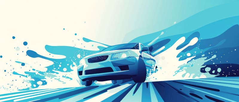 Dynamic Blue Car Splashing through Water, Illustrated. Digital ...