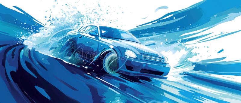 Dynamic Blue Car Splashing through Water, Illustrated. Digital ...