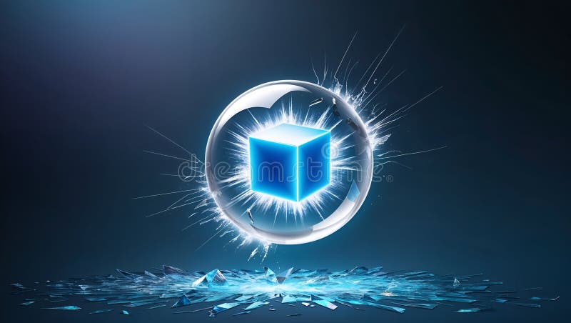 Dynamic Blue Cube Inside a Glowing Sphere with Sparkling Effects ...