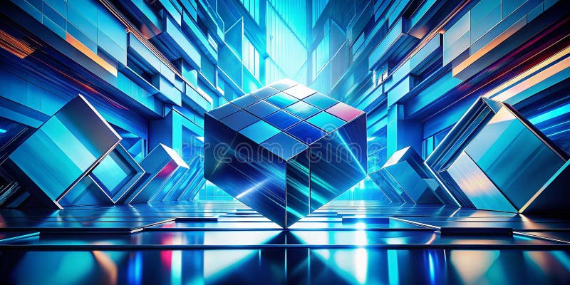 Dynamic Blue Cube in Panoramic Abstract Geometry Background a Modern ...