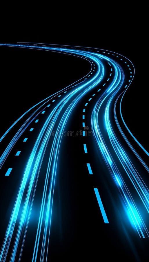 Dynamic Blue Light Trails on a Winding Road, Night Drive, Motion Blur ...