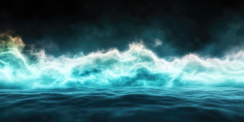 Dynamic Blue Ocean Waves with Misty Water Vapor and Dark Sky Stock ...