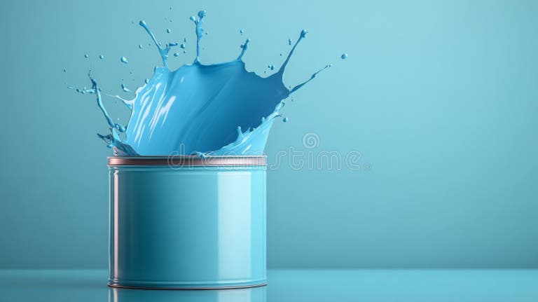Dynamic Blue Paint Splash from Metallic Can Against Monochromatic ...