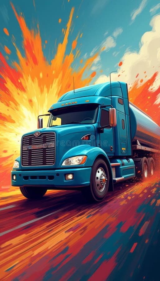 Dynamic Blue Truck Racing through an Explosive Backdrop Stock Photo ...