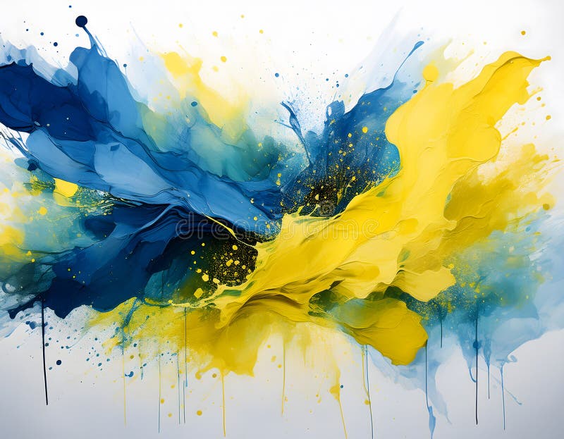 Dynamic Blue and Yellow Paint Splashes Create an Abstract Composition ...