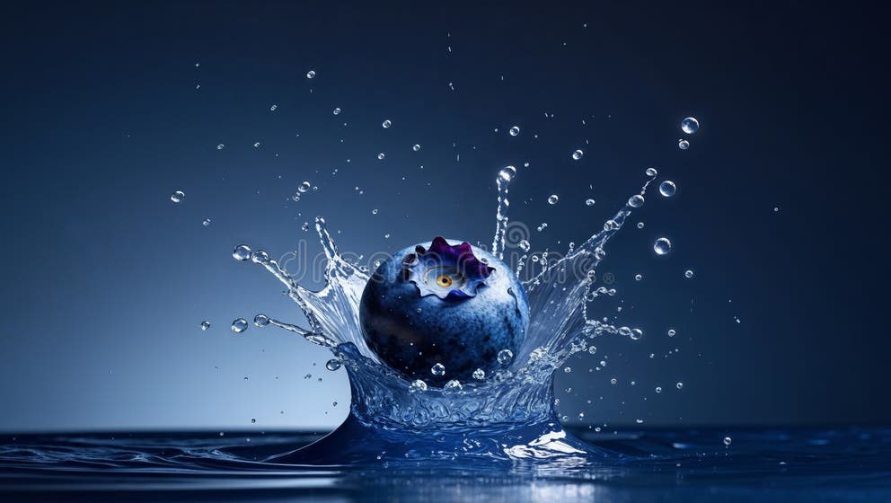 Dynamic Blueberry Splash with Water Burst on Dark Blue Background Stock ...