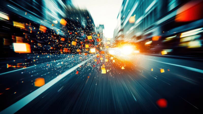 High-Speed City Street at Night with Glowing Particles Stock ...