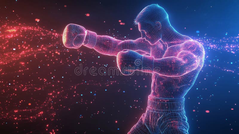 Dynamic Boxer in Glowing Wireframe Showcasing Strength and Agility ...