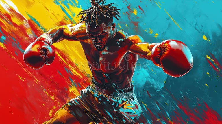 Dynamic Boxer Striking Pose, Vibrant Color Splash. Stock Illustration ...