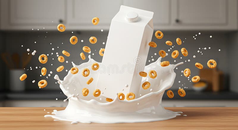Dynamic Breakfast Scene: Milk Carton Plunging into Splash with Cereal ...