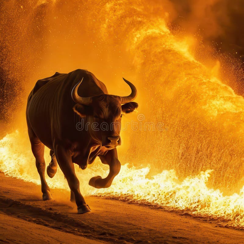 Bull Charging Along Blazing Fire Path with Intensity Stock Image ...