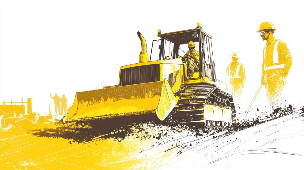 Dynamic Bulldozer Illustration, Construction Workers and Heavy ...