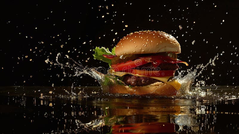 Dynamic Burger Splash Isolated on a Black Background Stock Illustration ...