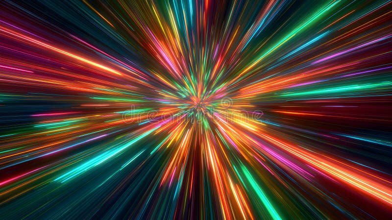 Dynamic Burst of Multicolored Light Beams Radiating Outward Creating ...