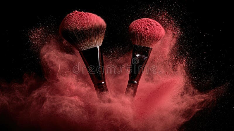 Dynamic Burst of Vibrant Red Makeup Brushes with Powder Explosion Stock ...